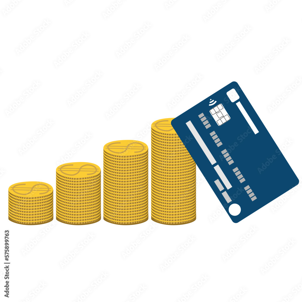 Bank card and stacks of golden dollar coins. The concept of saving ...