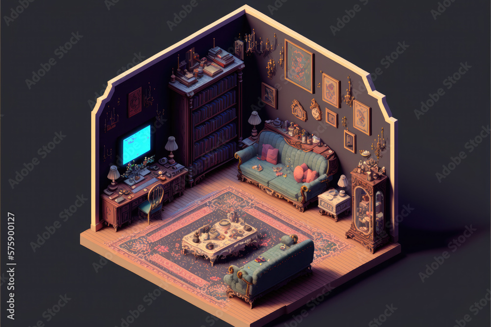 Isometric living room interior. The cozy interior in old English ...