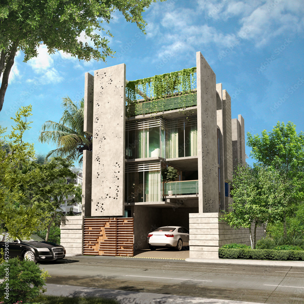 Triplex House design day view exterior design 3d render high-quality ...