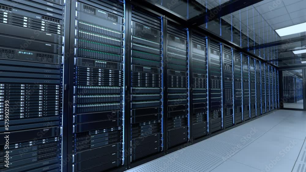 Inside Large Working Data Center. Advanced Cloud Computing Concept. Corridor with Server Racks ...
