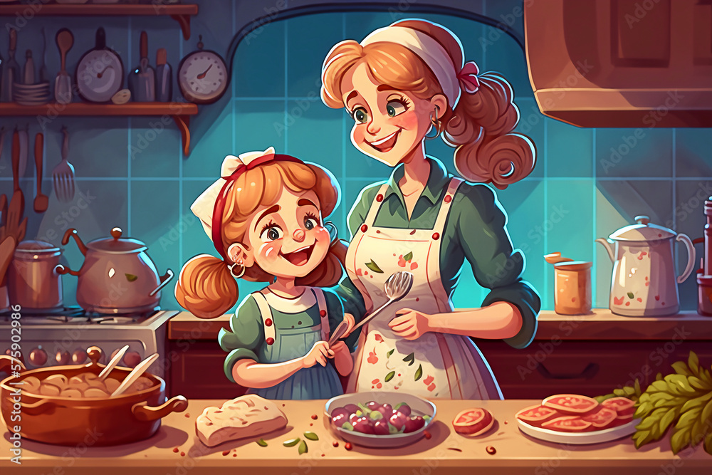 Cartoon style illustration of a smiling kid girl cooking with her ...