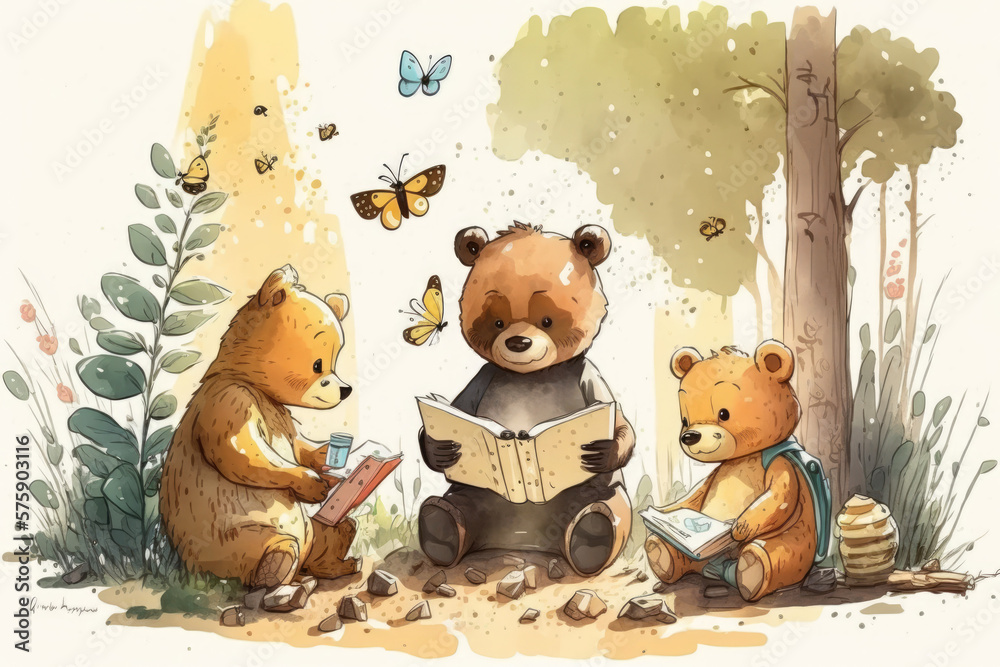 Bear was in the forest with bees reading and studying a book on honey ...