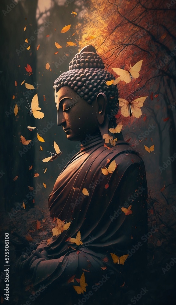 Buddha statue standing peacefully amidst the rustling leaves and ...