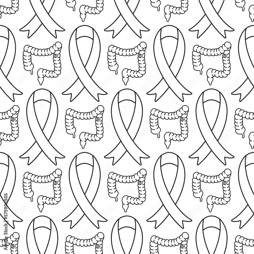 Seamless pattern with colonoscopy flat line icon and ribbon for ...