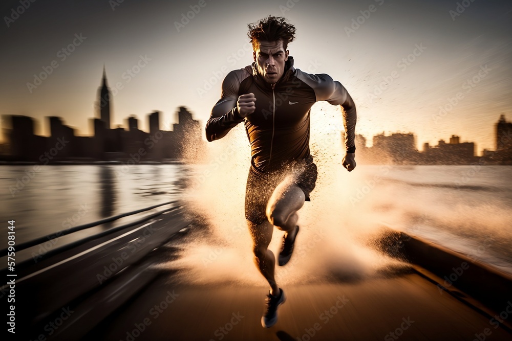Fit Athletic Man Running Down a Road Against a City Background, Created ...