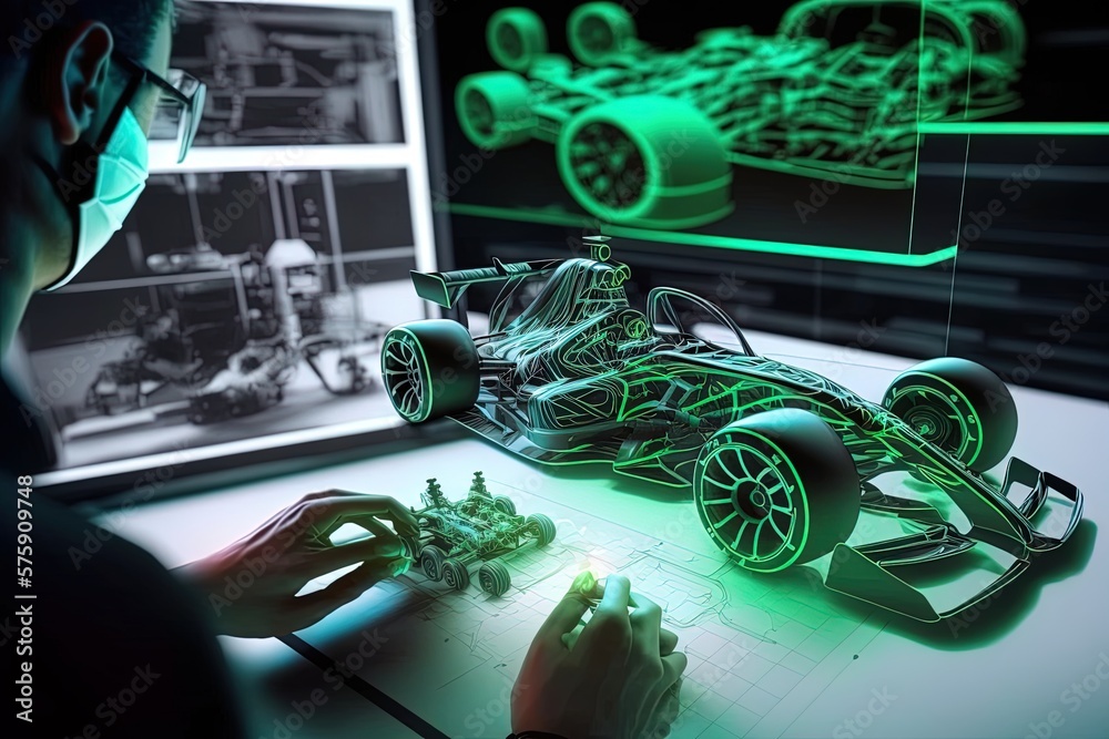 An engineer designing a f1 car using augmented reality and viewing the ...