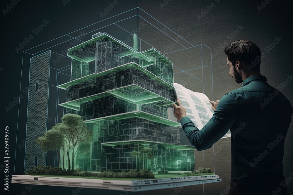 An architec designing a building using augmented reality and viewing ...
