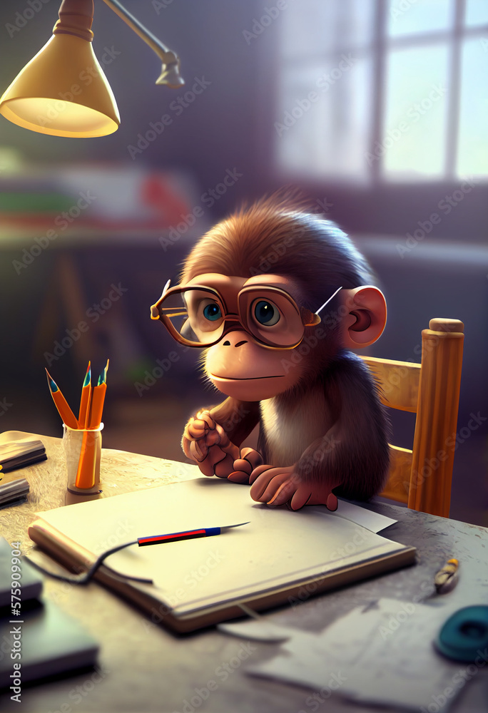 Cute monkey schoolboy doing homework. AI generated Stock Illustration ...