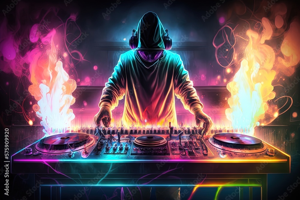 DJ silhouette mixing on a disco on fire of different colors. Generative ...