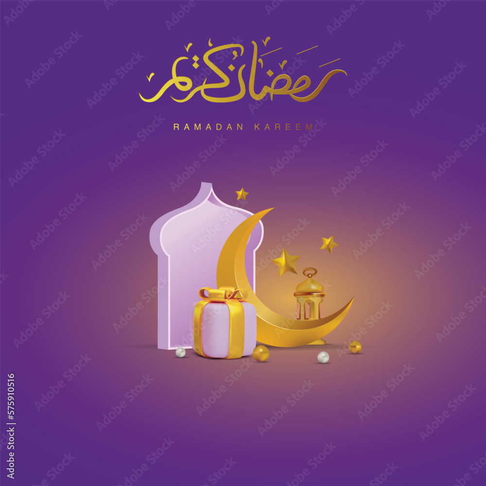 Ramadan Kareem banner with 3d metallic golden crescent moon, and Arabic ...