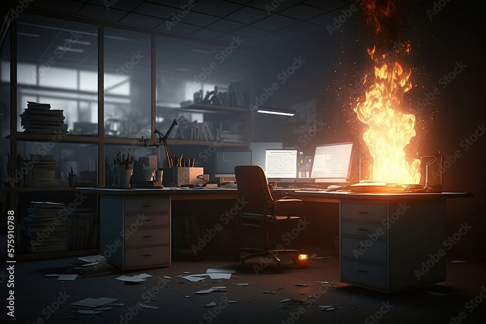 Fire in the office .Fire burning inside the office cabinet. Generative ...