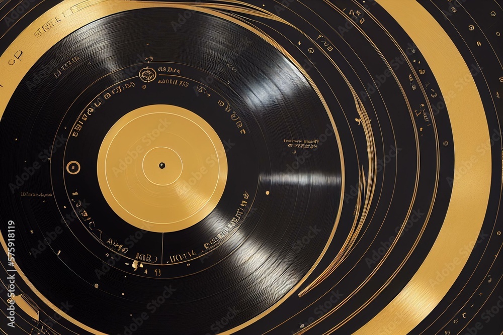 a golden record player with a black record on it's side and a white ...
