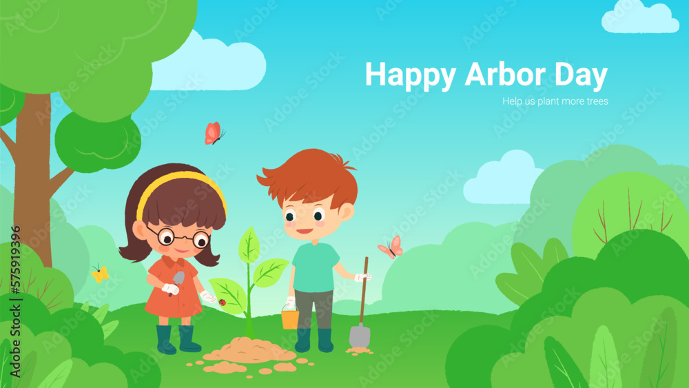 Banner for Arbor Day decoration. Vector cute illustration with two kids ...