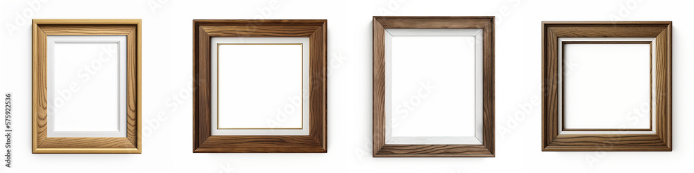 Set of four Wooden square frame for photos, pictures. Brown mockup, inner white border. Top view ...