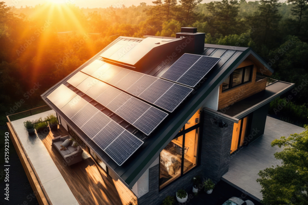 photovoltaic solar panels in modern house roof. sustainable energy ...