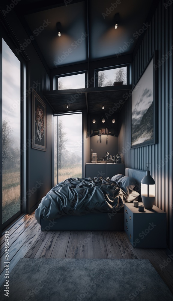 Interior of a luxury, modern container room. Container house concept ...