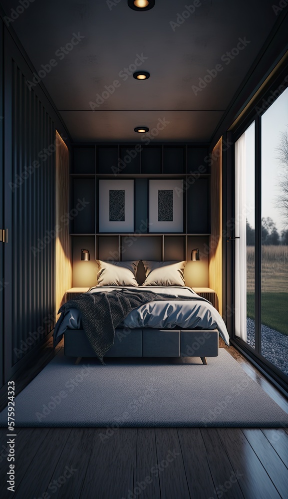 Interior of a luxury, modern container room. Container house concept ...
