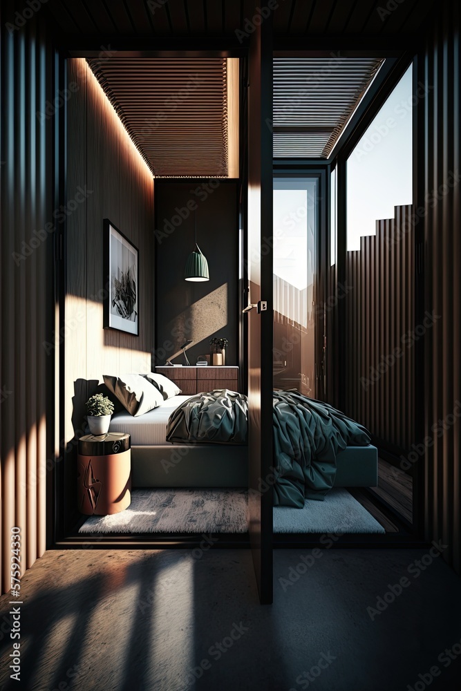Interior of a luxury, modern container room. Container house concept ...