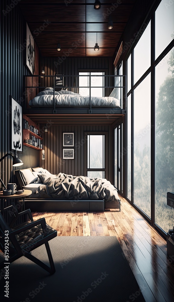 Interior of a luxury, modern container room. Container house concept ...