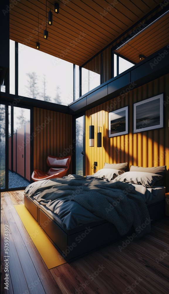 Interior of a luxury, modern container room. Container house concept ...