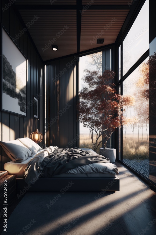 Interior of a luxury, modern container room. Container house concept ...