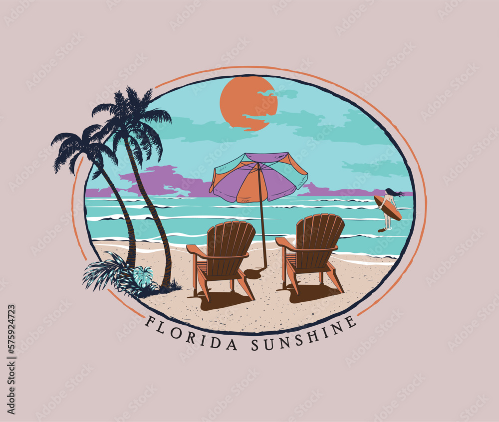 beach chair and umbrella on beach vector illustration, surfing on palm ...