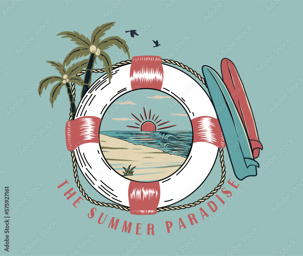surfing beach in lifebuoy vector illustration, retro vintage beach ...