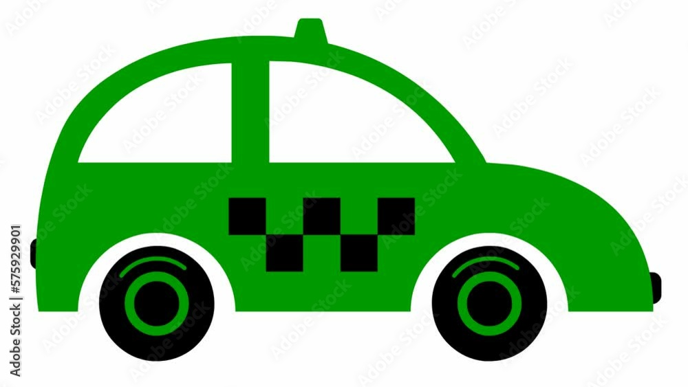 An animated green taxi is driving. Vintage car is riding. Looped video ...