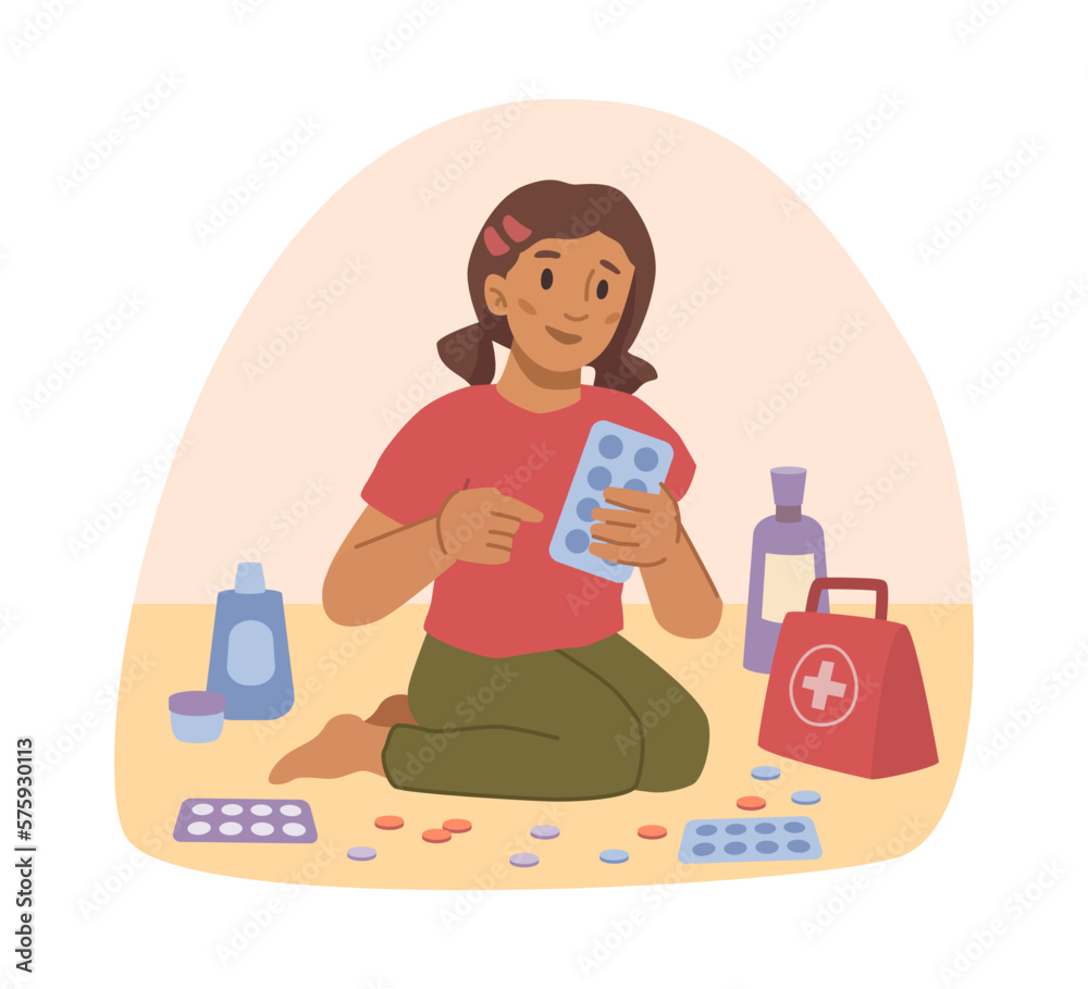 Kid danger at home, isolated girl playing with pills. Risk of medicine ...