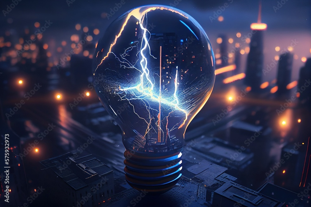 Lines of blue electricity lightning inside the bulb. Lightning inside ...