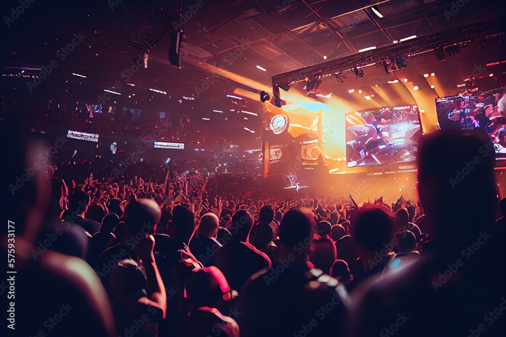 E-sports arena, filled with cheering fans and colorful LED lights ...
