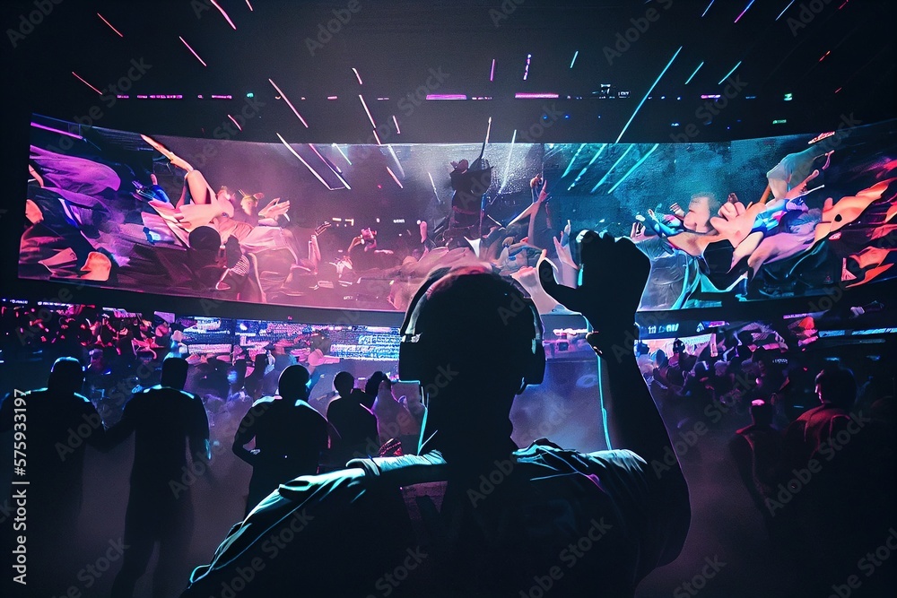 E-sports arena, filled with cheering fans and colorful LED lights ...
