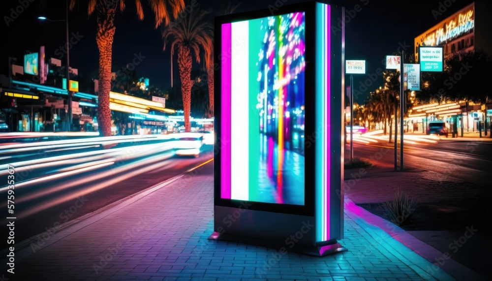 Vertical Neon Glowing LED Billboard in Las Vegas - Blank Mockup with ...