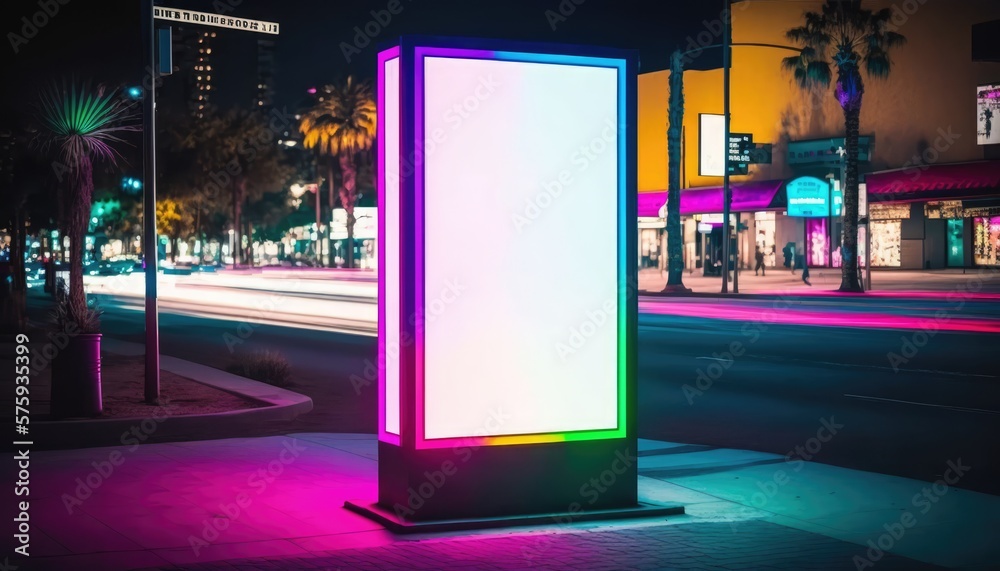Vertical Neon Glowing LED Billboard in Las Vegas - Blank Mockup with ...