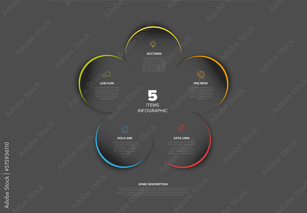 Minimalistic five steps items elements dark template with color borders ...