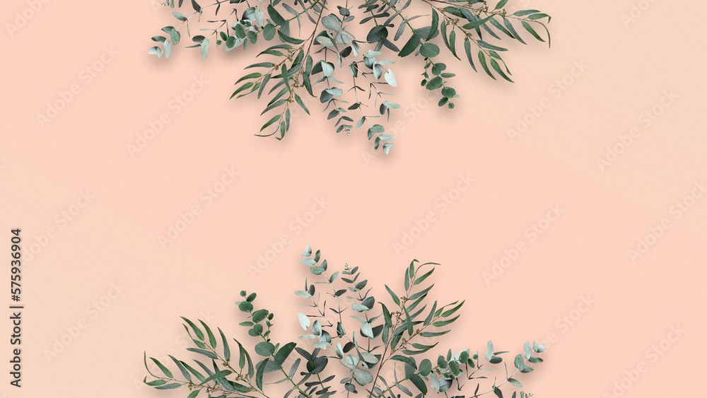 Eucalyptus botanical frame background banner, nude blush pink and sage ...