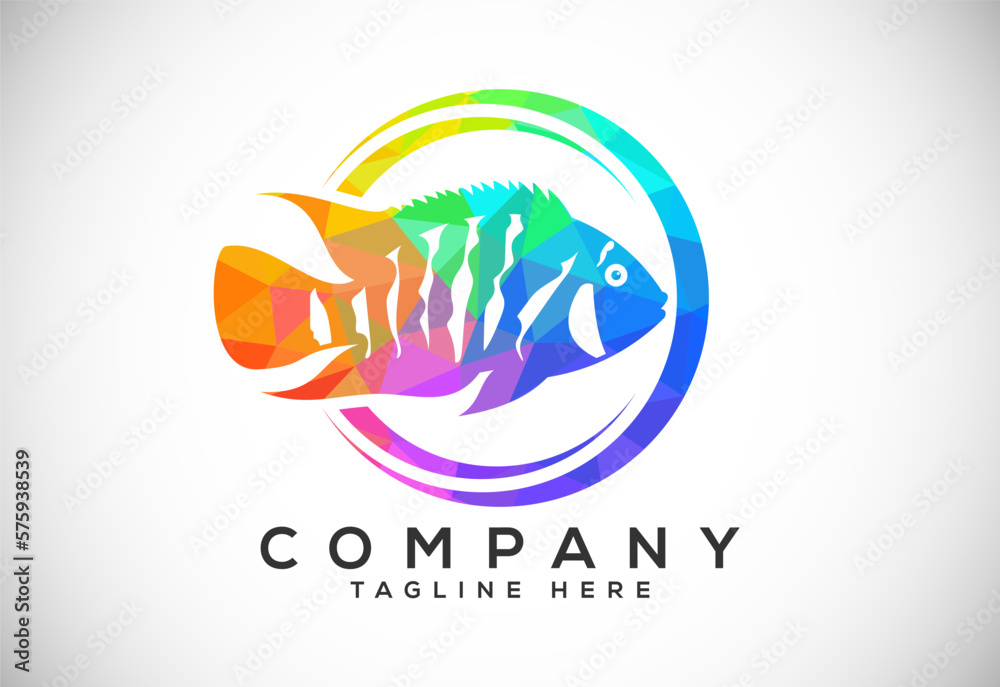 Polygonal low poly fish logo design template. Seafood restaurant shop ...