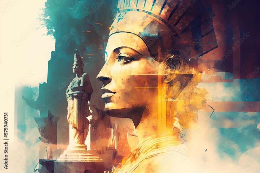 Double exposure, profile of ancient egyptian god, goddess morphing into ...
