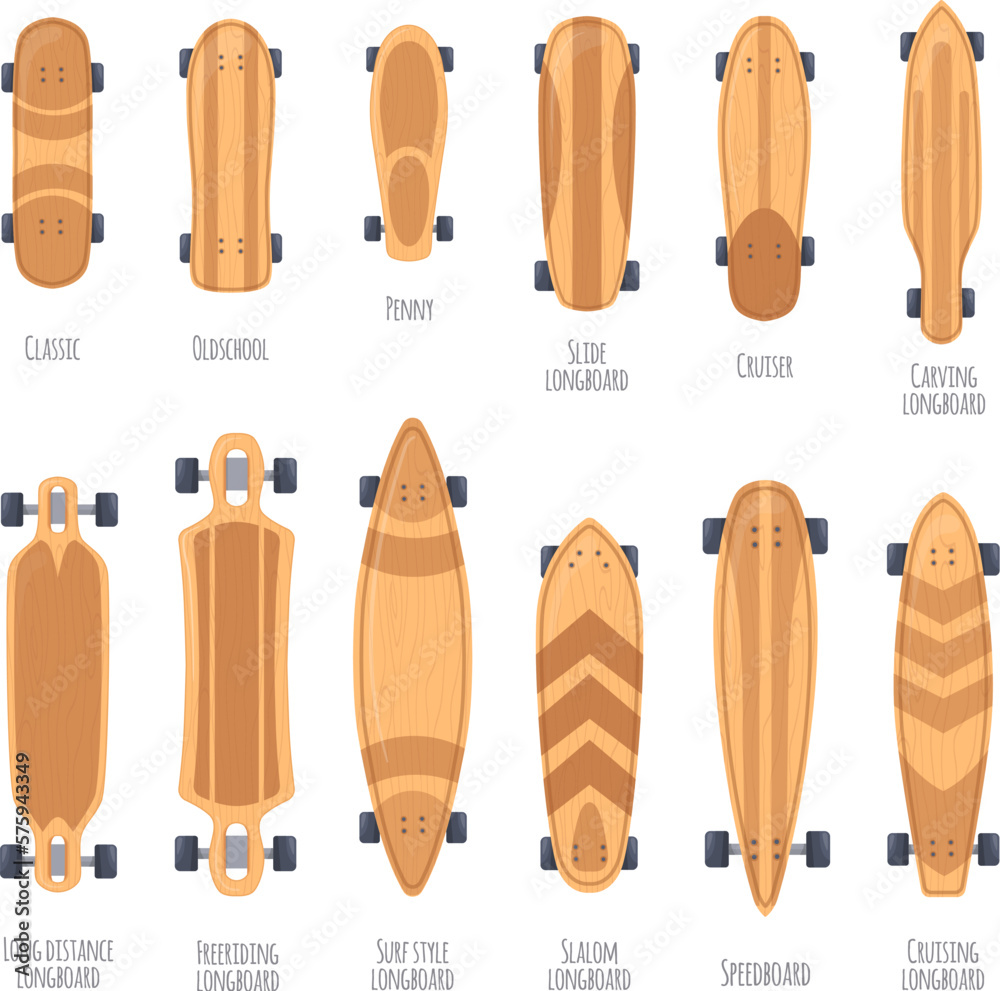 Skateboard types. Wood deck skateboards, boardwalk longboard different ...