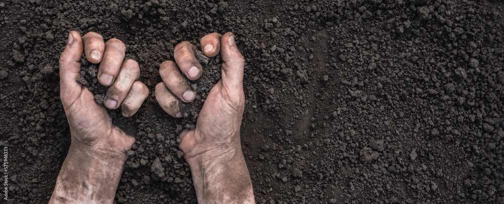 Farmer hands full of soil earth ground. Fertile soil background ...