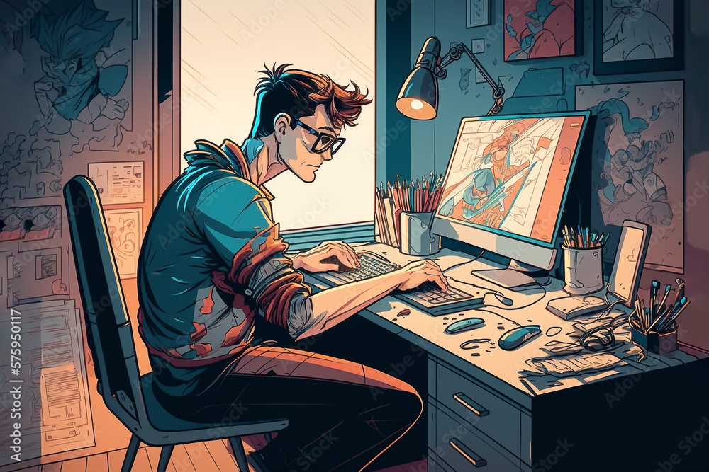 Cartoon stile illustration of graphic designer at work - AI generative ...