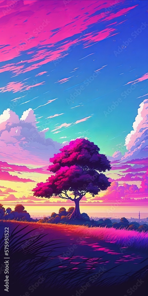 Neon Watercolor painting, Lovely Anime Landscape Stock Illustration ...