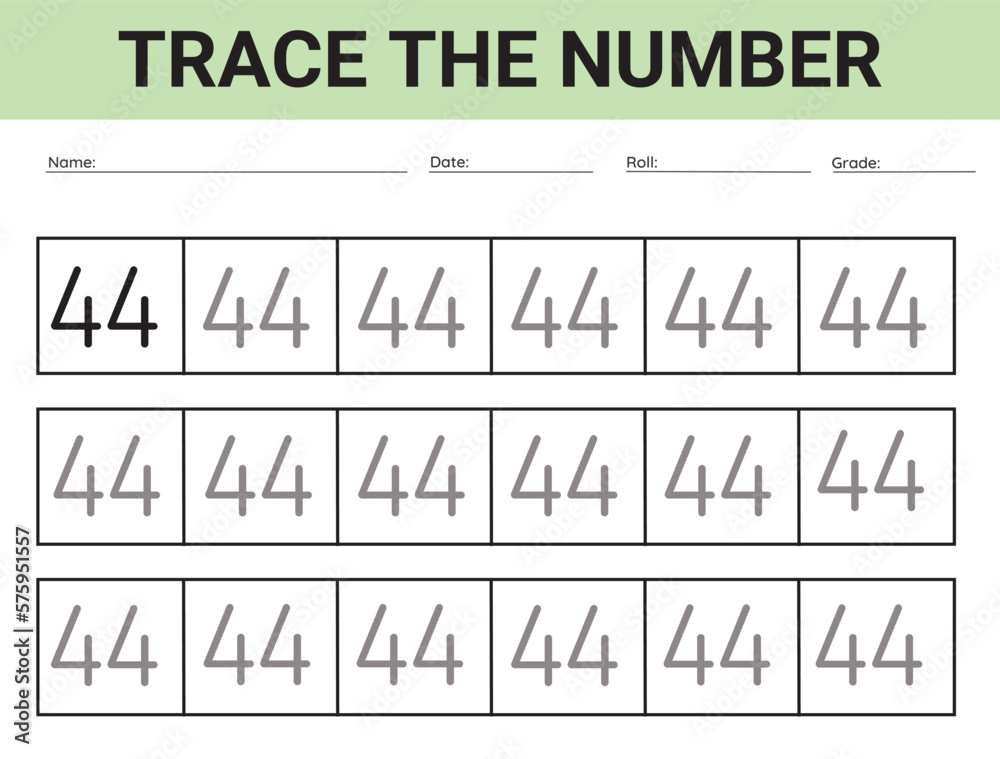 Number 44. card for kids learning to count and to write, worksheet for ...