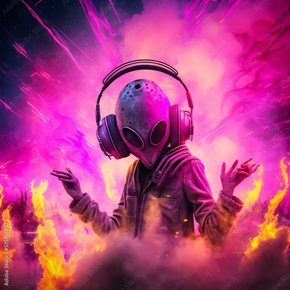 Pink Alien as a dj at a music festival, on stage with fire works going ...