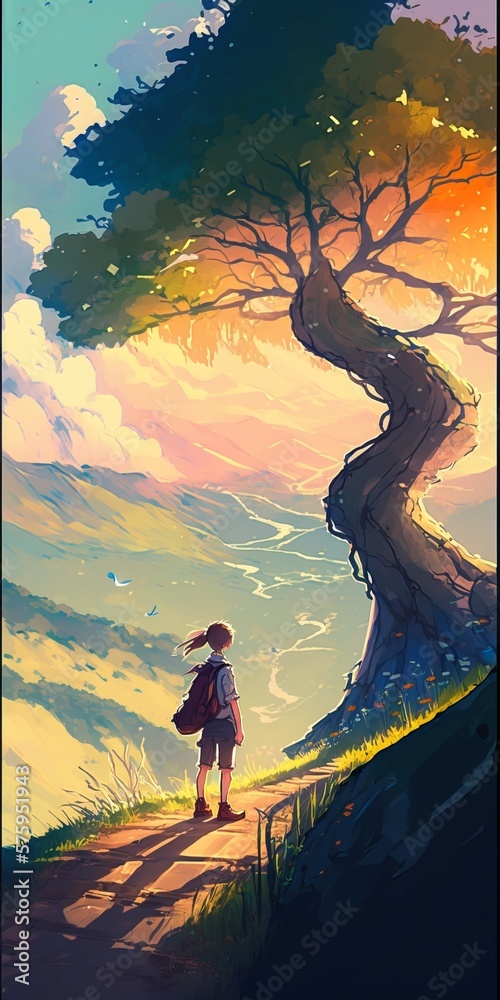 Neon Watercolor painting, Lovely Anime Landscape Stock Illustration ...