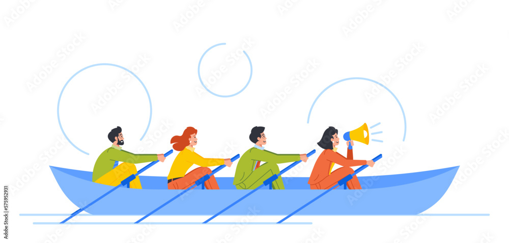 People Rowing Together In Boat. Concept Of Growth, Renewal And ...