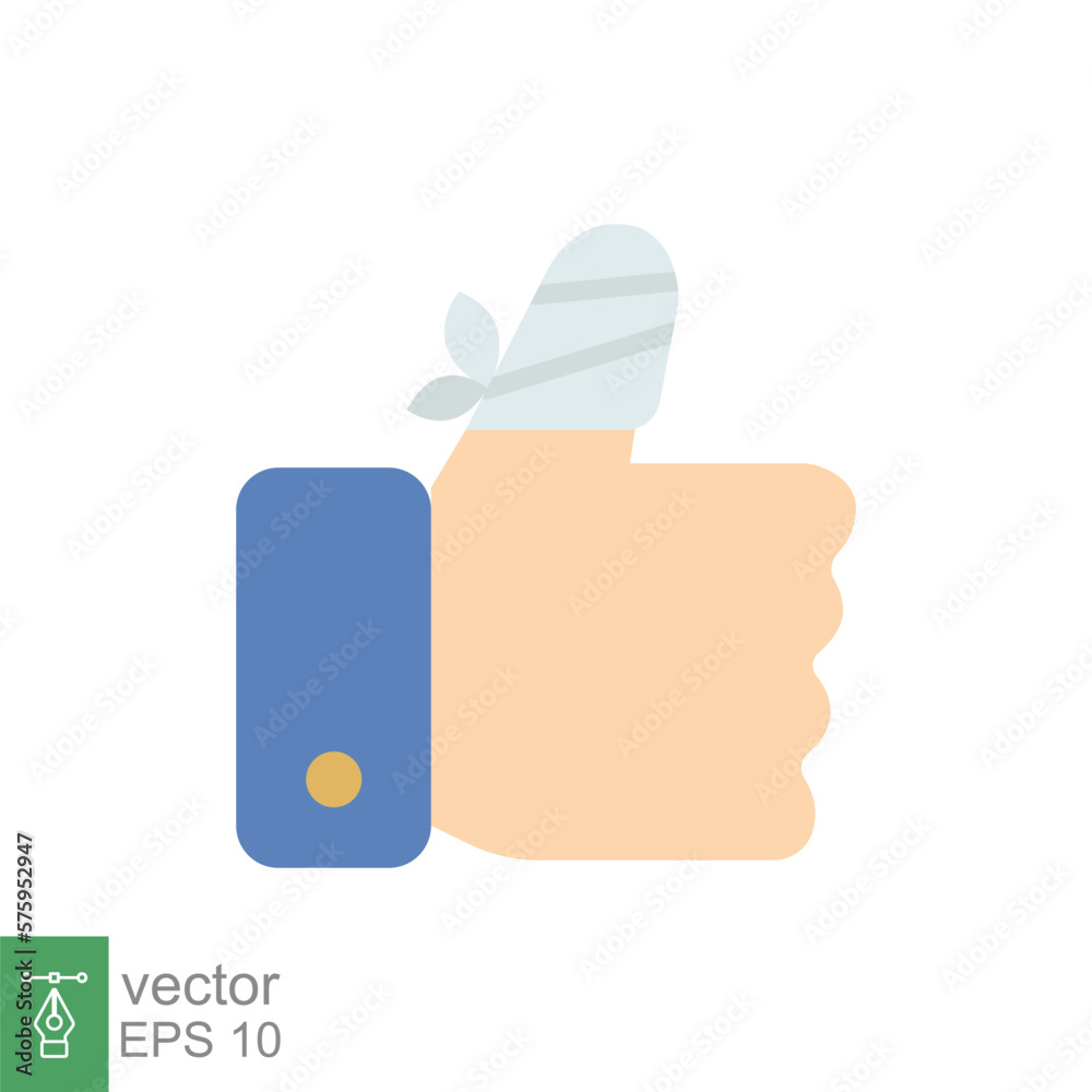 Hurt hand, bandage finger icon. Simple flat style. Like, thumb up ...