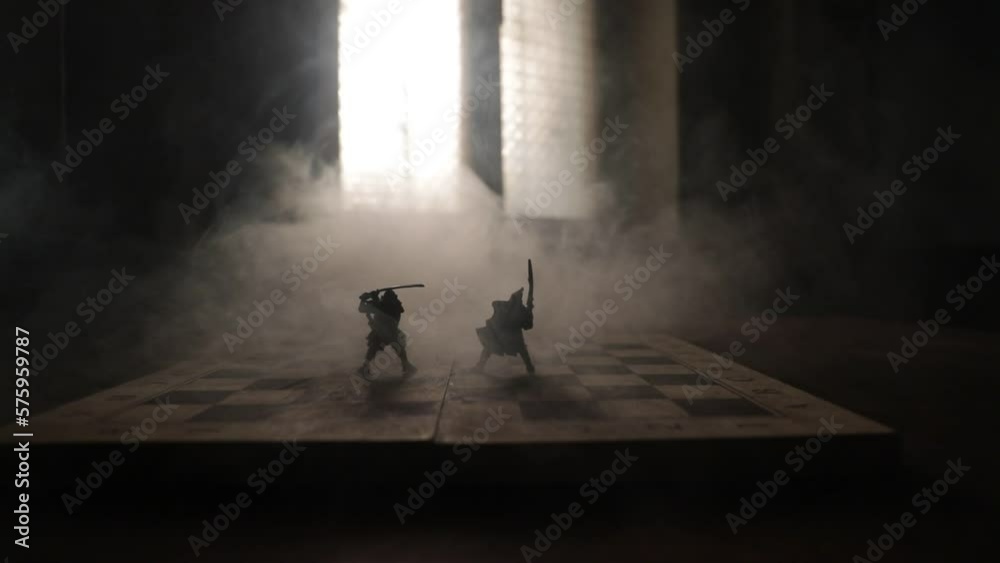 Medieval battle scene with cavalry and infantry on chessboard. Chess ...