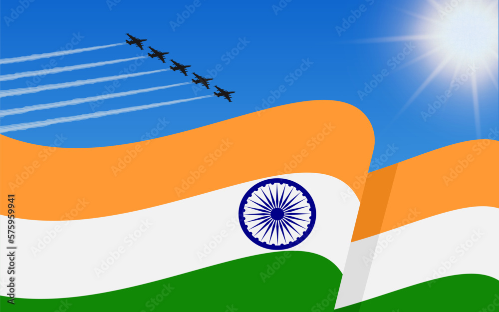 Flag of India and a fighter plane formation flying in the sky. 15th ...