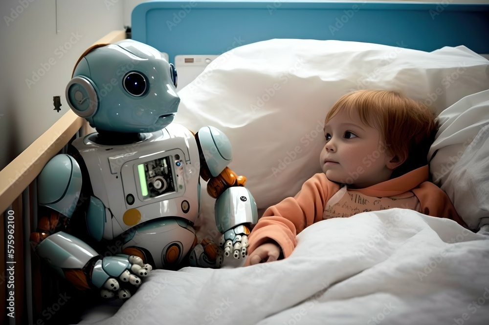 Future of hospital care with robots.Cute kind Robot communicates with a ...